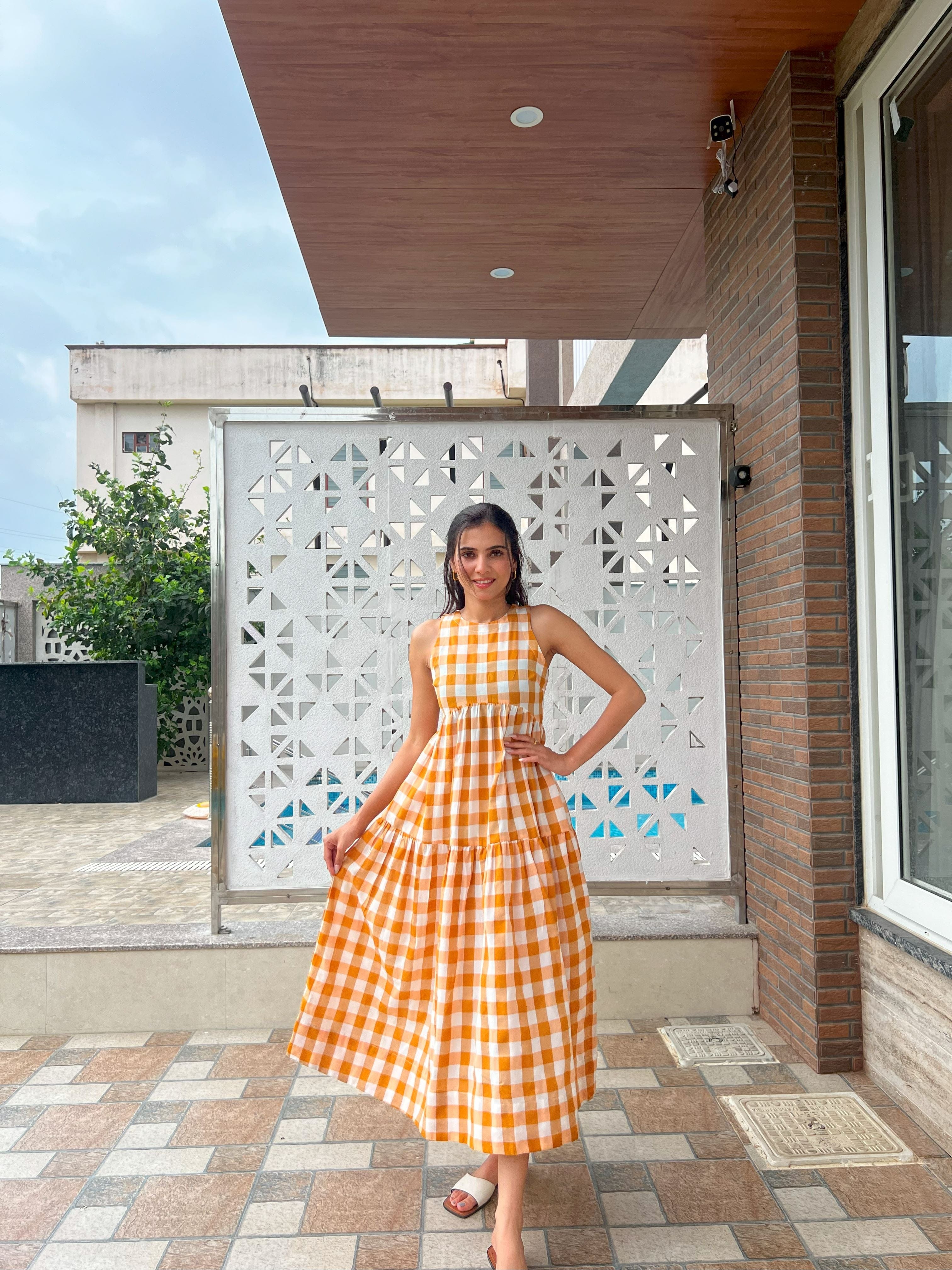 Classic A-Line Gingham Dress - Orange – Sugnaa